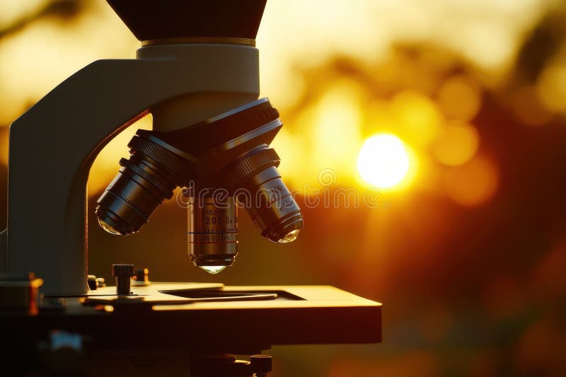 Exploring Microscopic Worlds with a Microscope at Sunset Stock Photo ...