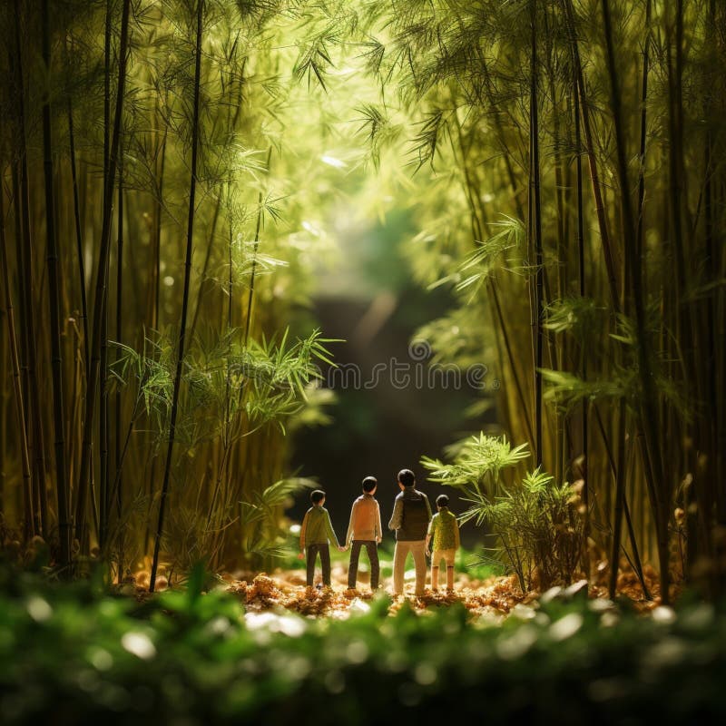 Exploring Miniature Figures Amidst the Tall, Serene Bamboo Forest ...