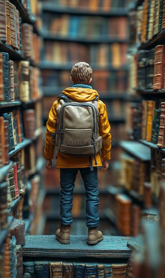 Exploring a Miniature Library with a Young Figure and Backpack Stock ...