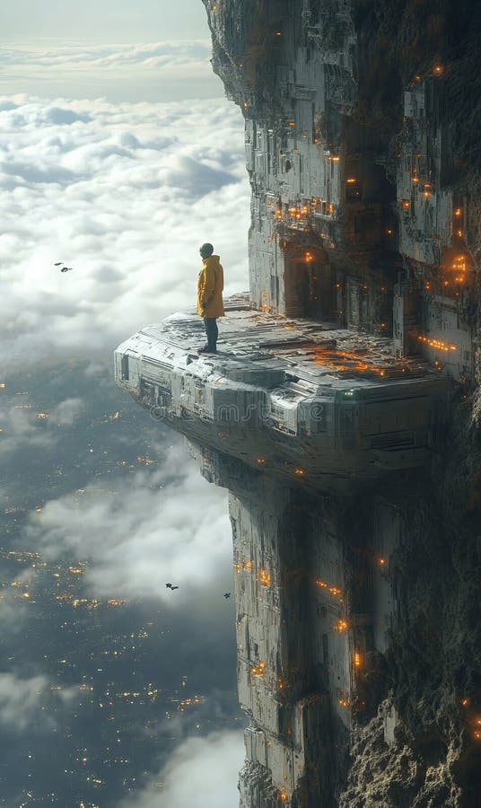 Exploring a Miniature World Atop a Floating Cliff in the Clouds Stock ...