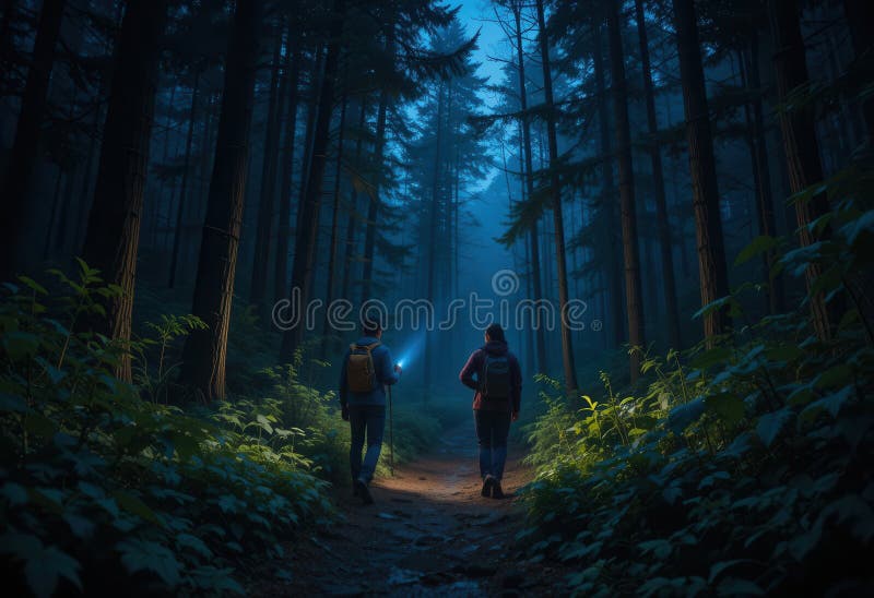 Exploring a Misty Forest Trail at Dusk with Flashlights Stock ...