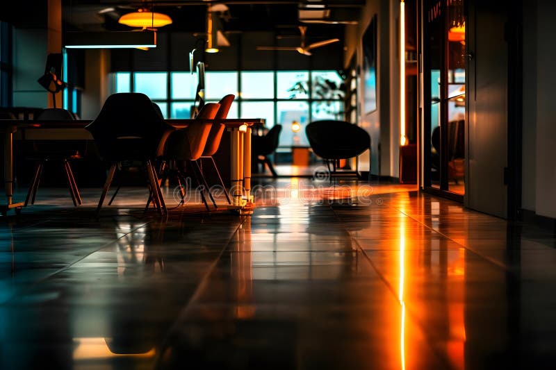 Exploring Modern Office Design, Sleek Chairs and Tables Reflecting Warm ...