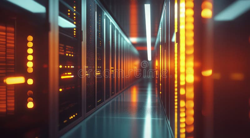 Exploring a Modern Server Room with Illuminated Racks in a Data Center ...