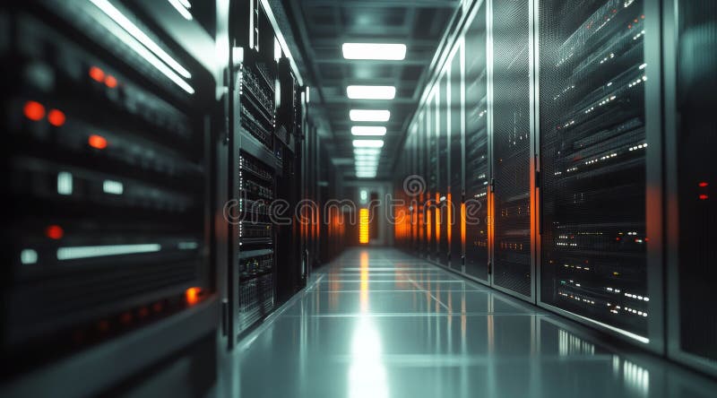 Exploring a Modern Server Room with Illuminated Racks in a Data Center ...