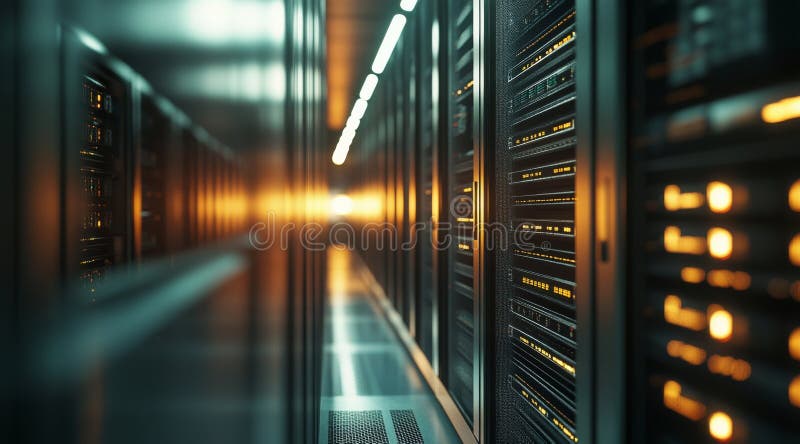 Exploring a Modern Server Room with Illuminated Racks in a Data Center ...