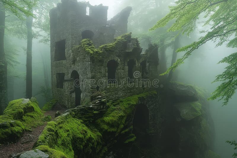 Exploring the Moss-covered Ruins in a Misty Forest Setting at Dawn ...