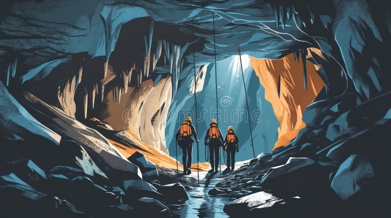 Exploring a Mysterious Cave: Adventurers on a Journey Stock ...