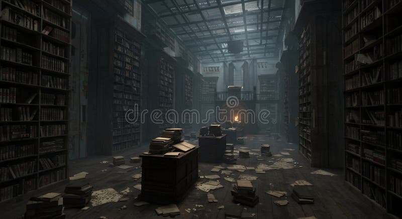 Exploring a Mysterious and Dark Library Interior with Antique Books ...