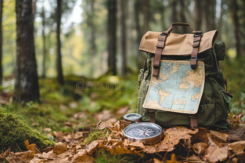 Exploring Nature with a Backpack, Compass, and Map on a Forest Floor ...