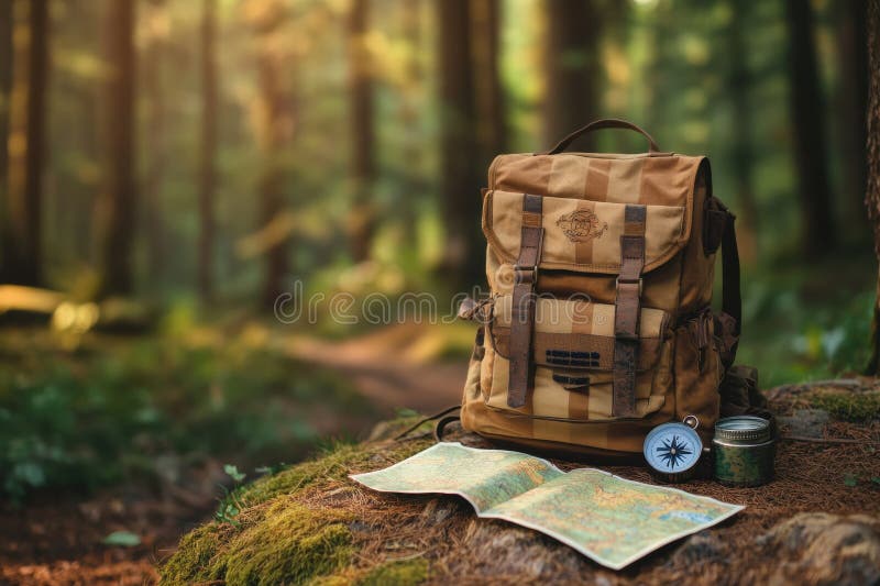Exploring Nature with a Backpack, Compass, and Map on a Forest Floor at ...