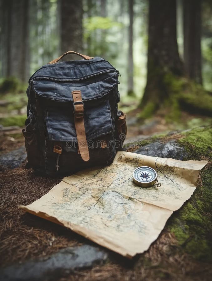 Exploring Nature with a Backpack Compass and Map in a Serene Forest ...