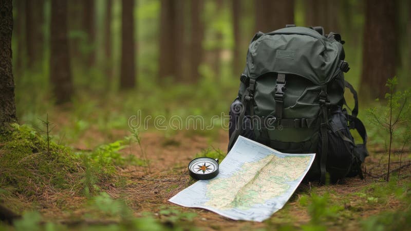 Exploring Nature with a Backpack, Map, and Compass in a Lush Forest ...