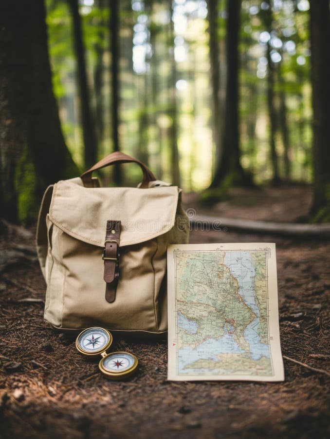 Exploring Nature with a Backpack Map and Compass in a Tranquil Forest ...