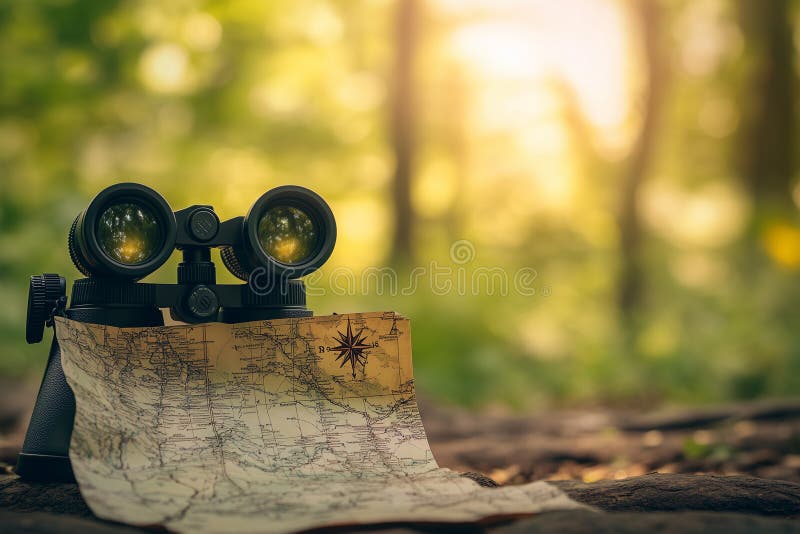 Exploring Nature with Binoculars, a Compass, and a Trail Map Under Soft ...