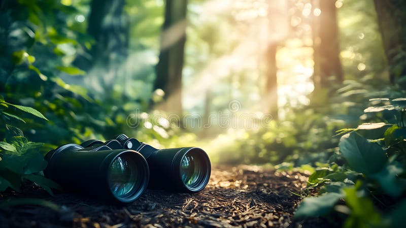 Exploring Nature with Binoculars on a Sunlit Forest Path Surrounded by ...