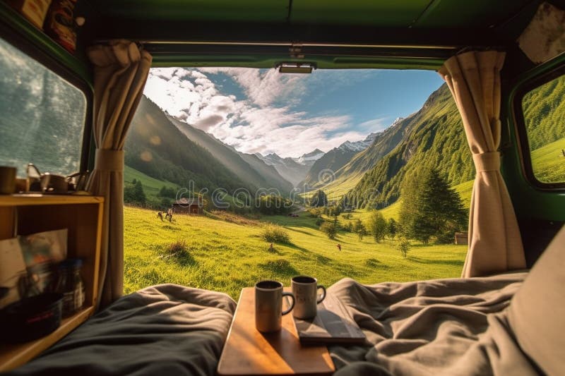 Mountain Scenery View As Seen from Inside a Campervan, with Legs and a ...