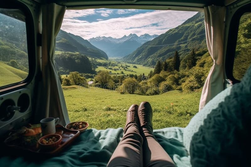 Mountain Scenery View As Seen from Inside a Campervan, with Legs and a ...