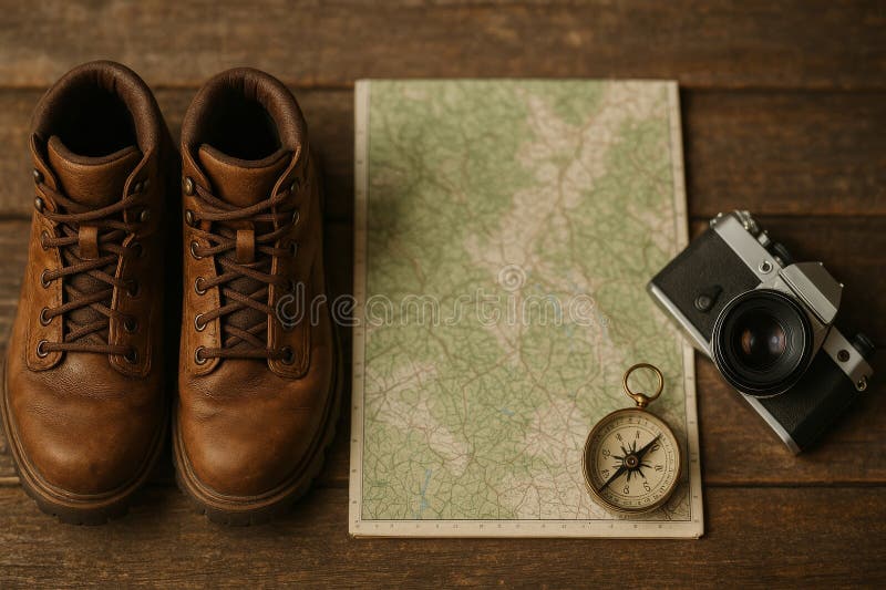 Exploring Nature with Hiking Boots, Map, Compass, and Camera on a ...