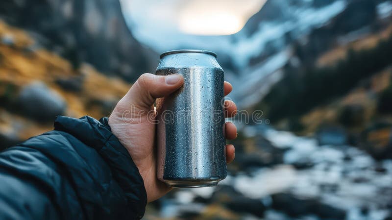 Exploring Nature with Refreshment. Hand Holding Can Against Scenic ...