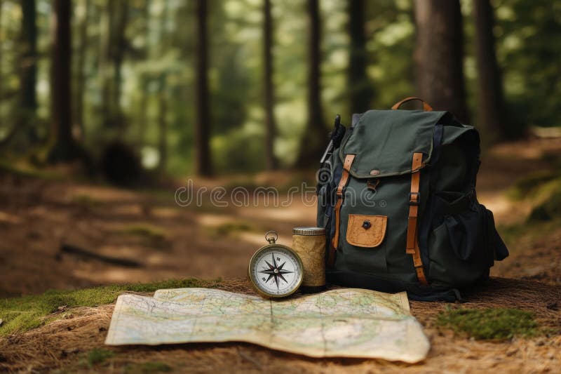 Exploring Nature with a Well Equipped Backpack, Compass, and Map in a ...