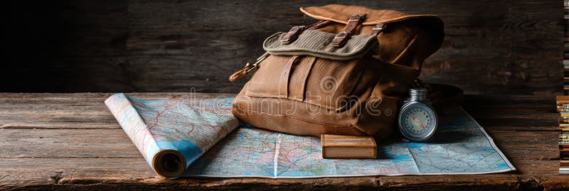Exploring New Adventures with a Rugged Backpack and Map on a Rustic ...