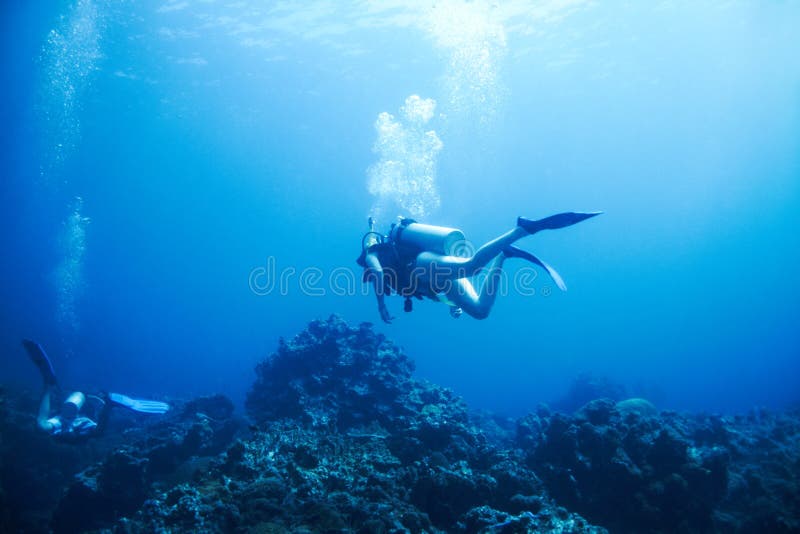 Exploring the Oceans Endless Wonders. Two Scuba Divers Explore a Rocky ... Exploring the Oceans Endless Wonders. Two Scuba Divers Explore a Rocky ...