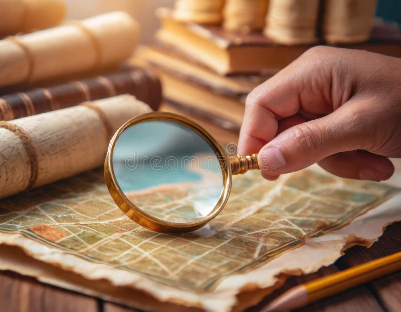 Exploring Old Map with Magnifying Glass Stock Illustration ...