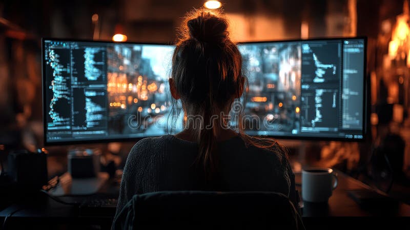 Exploring Quantum Concepts through Coding in a Dimly Lit Workspace with Dual Monitors Displaying ...