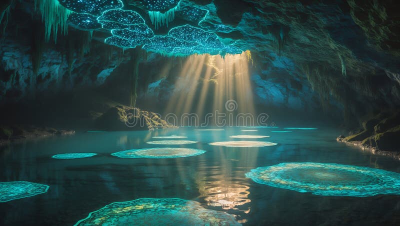 Magical Underwater Cave with Glowing Bioluminescent Patterns Stock ...