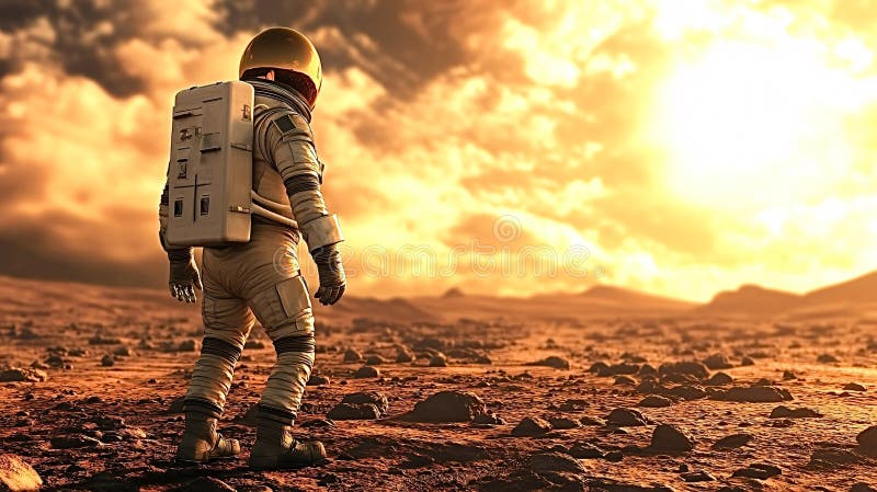 Astronaut Walking on Alien Planet Surface with Setting Sun Stock Photo ...