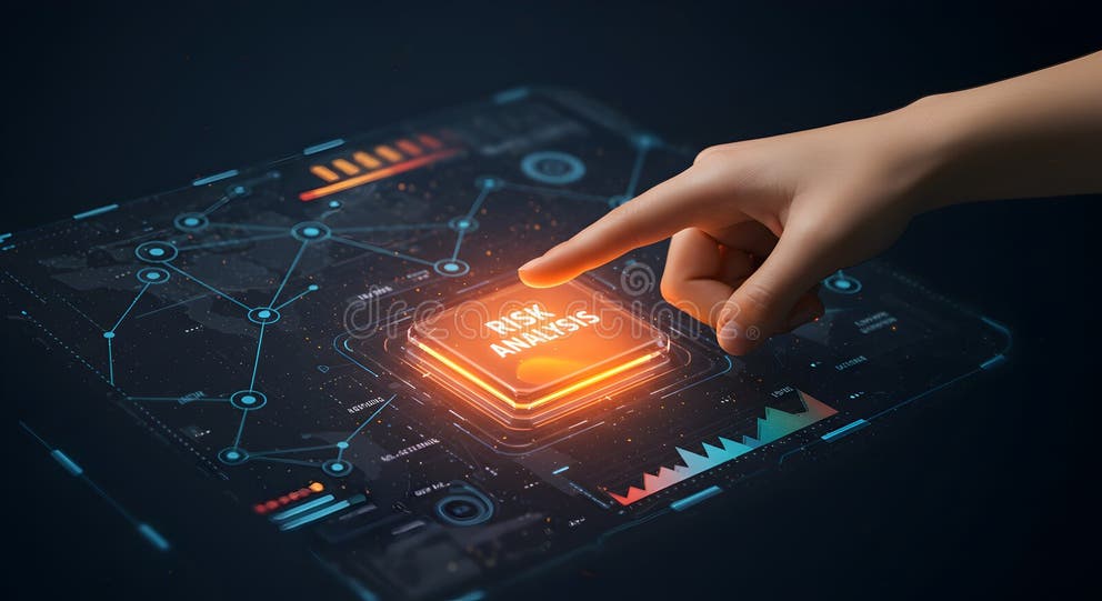 Risk Analysis Technology Concept Hand Pressing Button on Digital ...