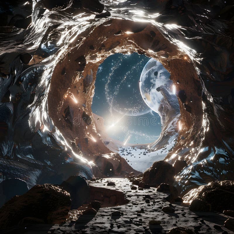 Exploring a Rocky Cave Opening To a Distant Planet S Surface Stock ...