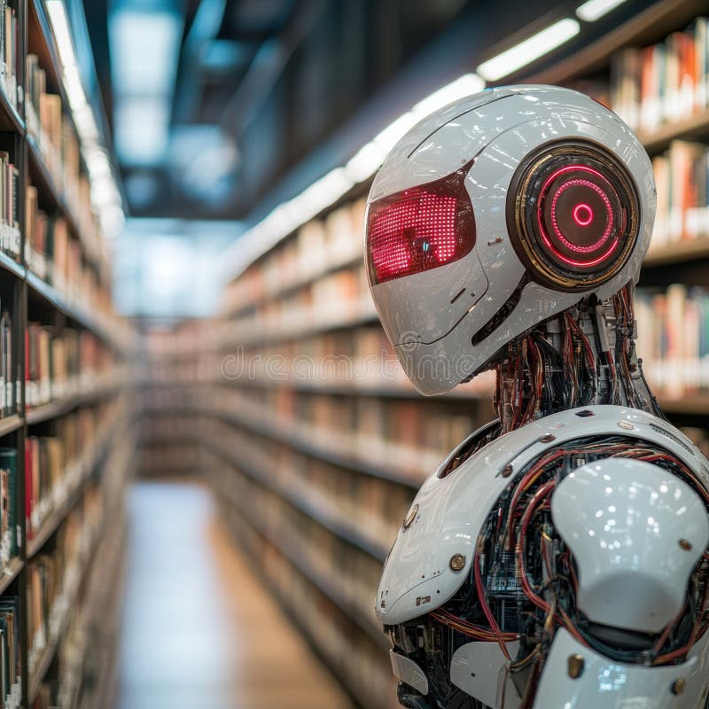 Exploring Rows of Bookshelves in a Library, a Humanoid Robot Symbolizes ...