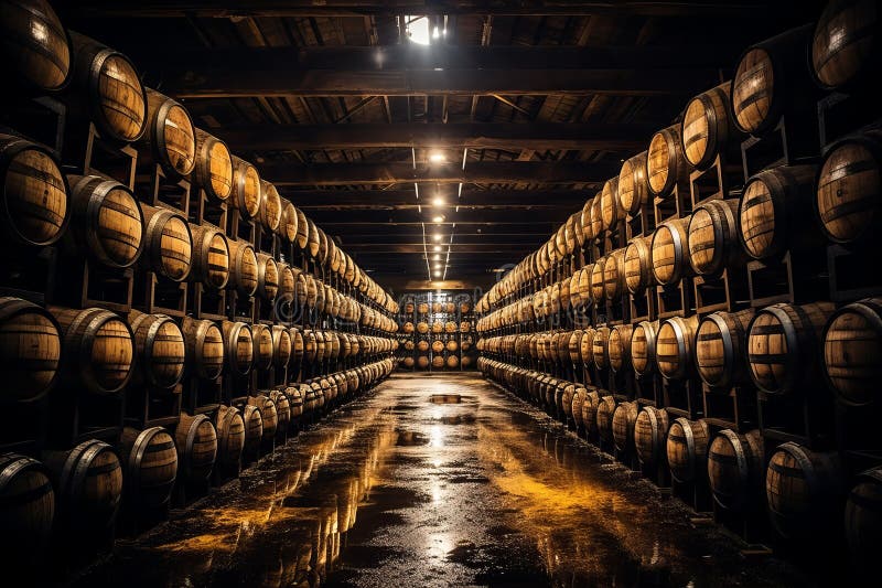 Exploring a Rustic Barrel Room Filled with Aging Oak Casks at Dusk ...