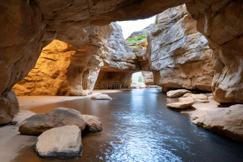 Exploring Sandstone Caves with Flowing Water and Natural Bridge Stock ...