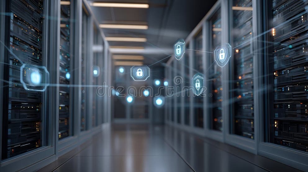 Exploring the Secure Digital Realm of Cybersecurity in a Data Center with Servers and Icons ...