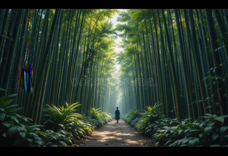 Exploring a Serene Bamboo Forest Path Bathed in Soft Sunlight Stock ...