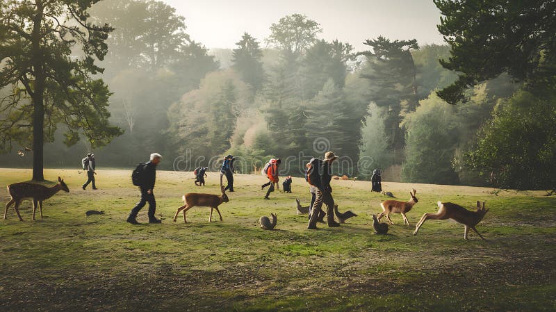 Exploring a Serene Forest Clearing Hikers Encountering Wildlife in a Peaceful Natural Setting ...