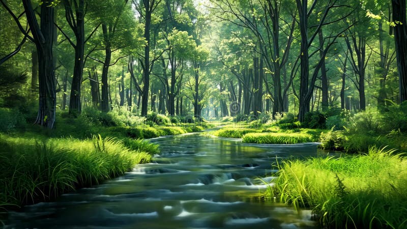 Exploring a Serene Grassy Pathway through a Lush Forest Near a Calm ...