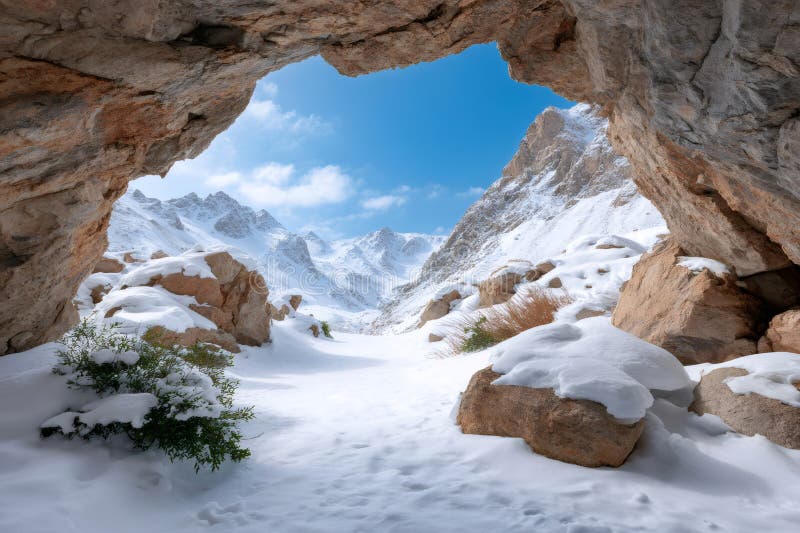 Exploring Snowy Mountains from Inside a Cave during Winter Stock ...