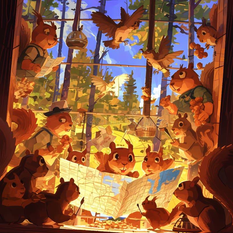 Exploring Squirrels in a Stained Glass Window Stock Illustration ...