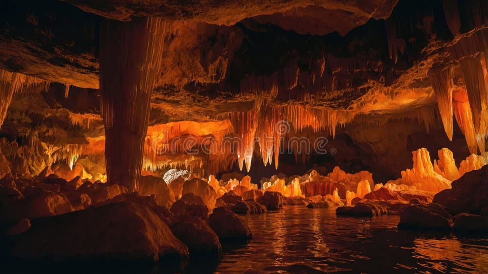 Stunning Underground River Cave with Orange Stalactites and Stalagmites ...