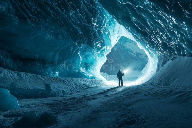 Exploring a Stunning Icy Cave with Blue Formations. Stock Illustration ...