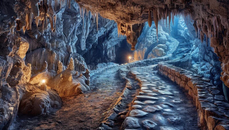 Exploring a Stunning Limestone Cave with Illuminated Pathways and ...