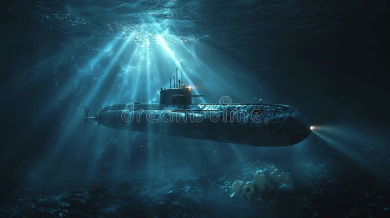 Exploring a Submarine Under Water with Light Beams Shining Down from ...
