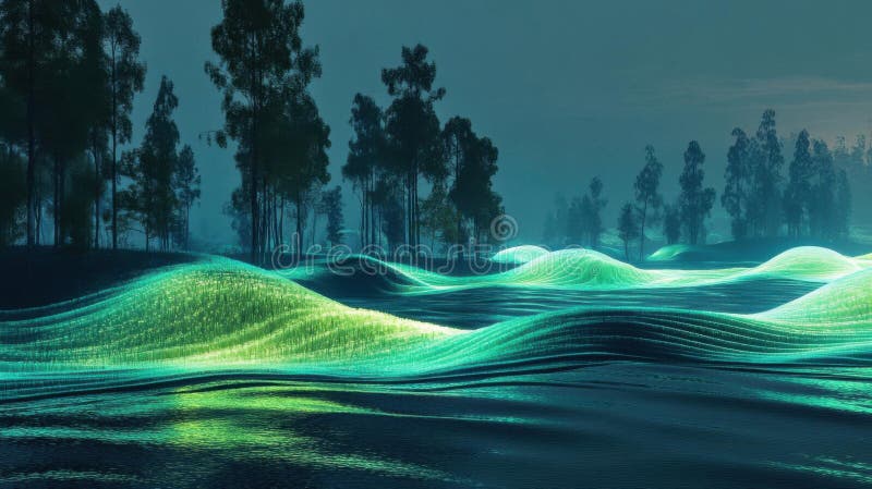 Exploring Surreal Glowing Fields at Night Stock Illustration ...