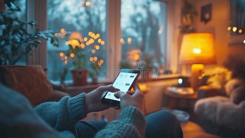 Exploring Technology with a Smartphone in a Cozy Evening Setting ...