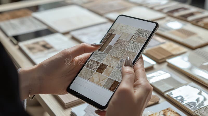 Exploring Textures on Home Design App, Hands Holding Smartphone ...