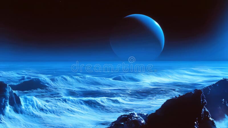 Exploring the Tranquil Blue Landscape of an Alien Ocean Under a Distant ...