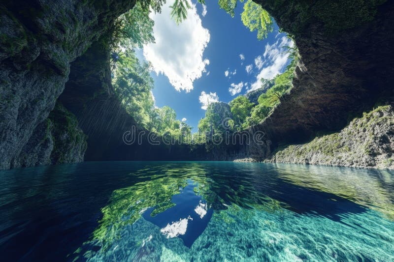 Exploring a Tranquil Cave with a Vivid Blue Pool Surrounded by Lush ...